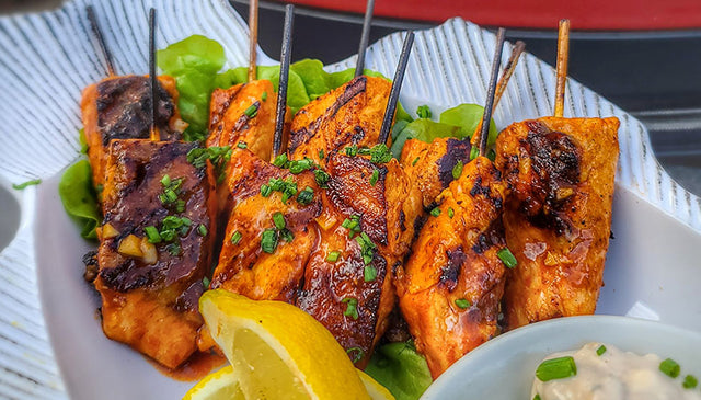 Grilled Buffalo Salmon Skewers Recipe - Kamado Joe